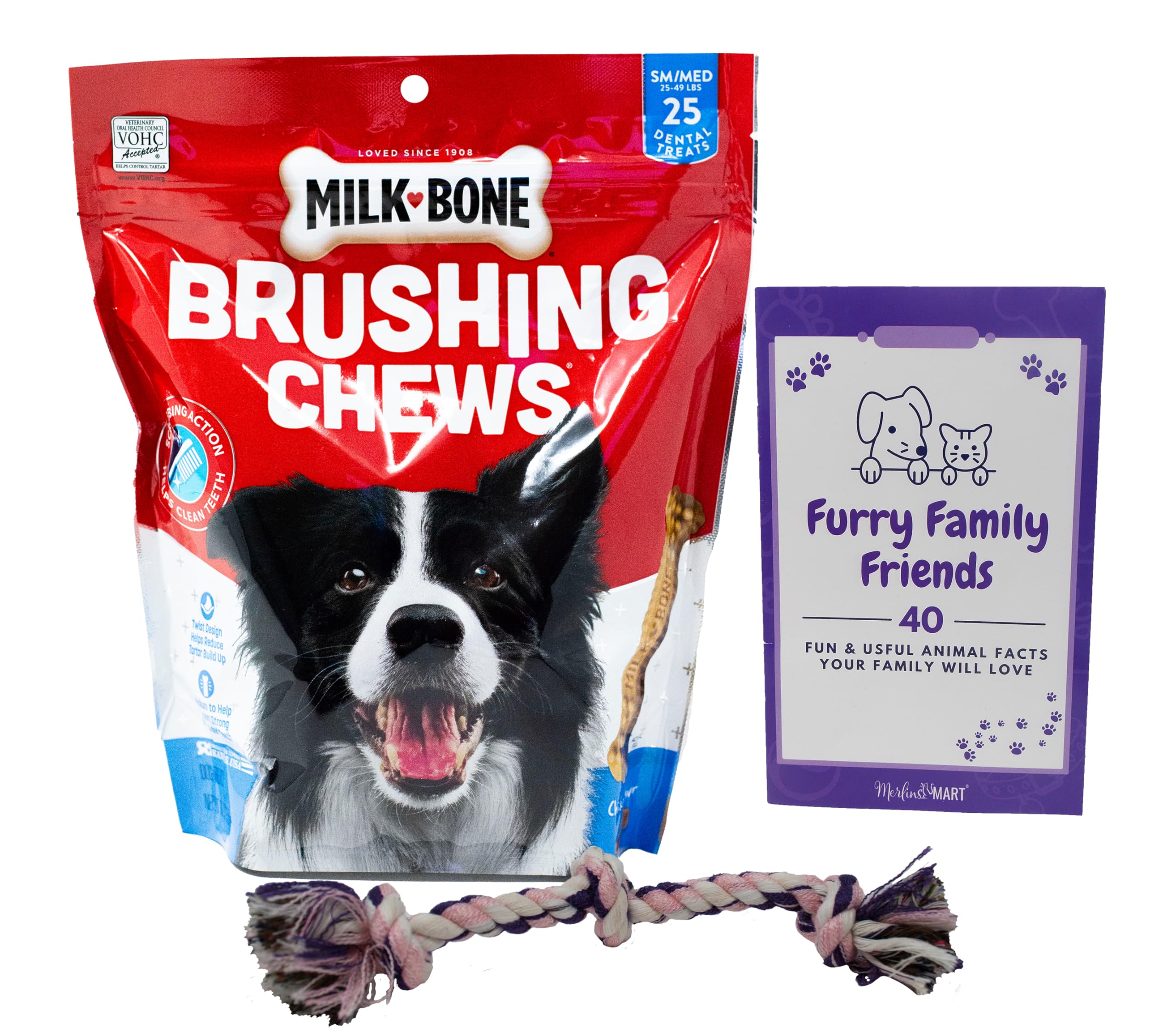 Milk-Bone Brushing Chews Dental Dog Treats - Small/Medium Snacks for Pups 25-49 Lbs (25 Count) - Plus Rope Toy and Fun Animal Facts Booklet Bundle