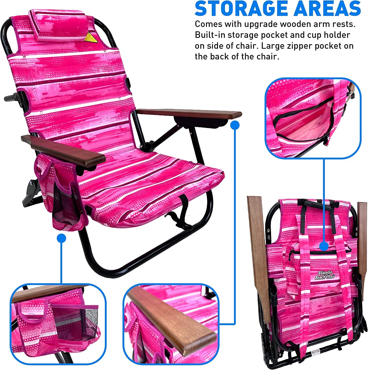 EasyGo Product Backpack Beach Chair 5 Positions and Cup Holder Pouch on Side Padded Pillow Storage Bag on Back Lightweight Rustproof Aluminum Black Frame, 2 Pack Pink & Blue