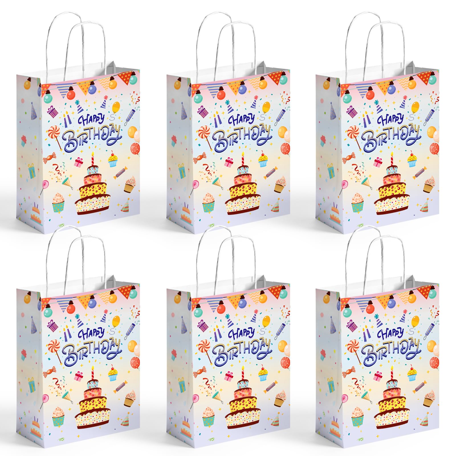 JOHOUSE 24PCS Happy Birthday Paper Bags, 5.5" x 2.8" x 8" Gift Bags with Handles Party Favor Bags Birthday Goodie Bags for Birthday Party Gifts