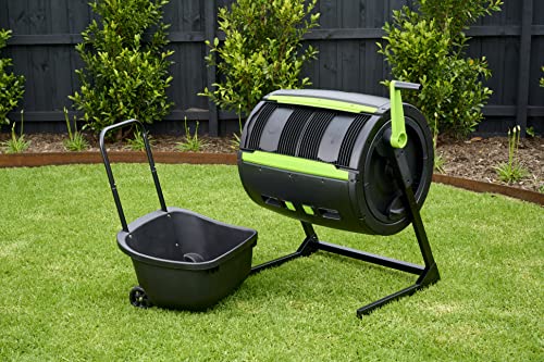 Maze 65 Gallon Dual Chamber Compost Tumbler with Large Double Door and Open Base and Comes with Maze Compost Cart