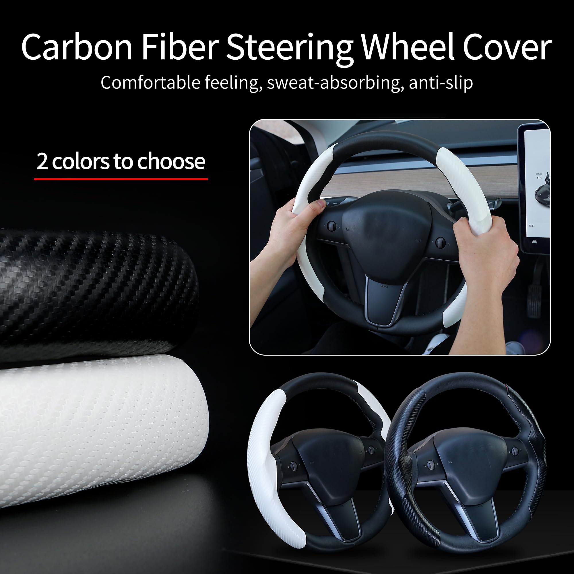 Carbon Fiber Steering Wheel Cover for Tesla Model 3/Y Steering Wheel Wrap Protector Anti-Slip Interior Compatible with Tesla Accessories (White)