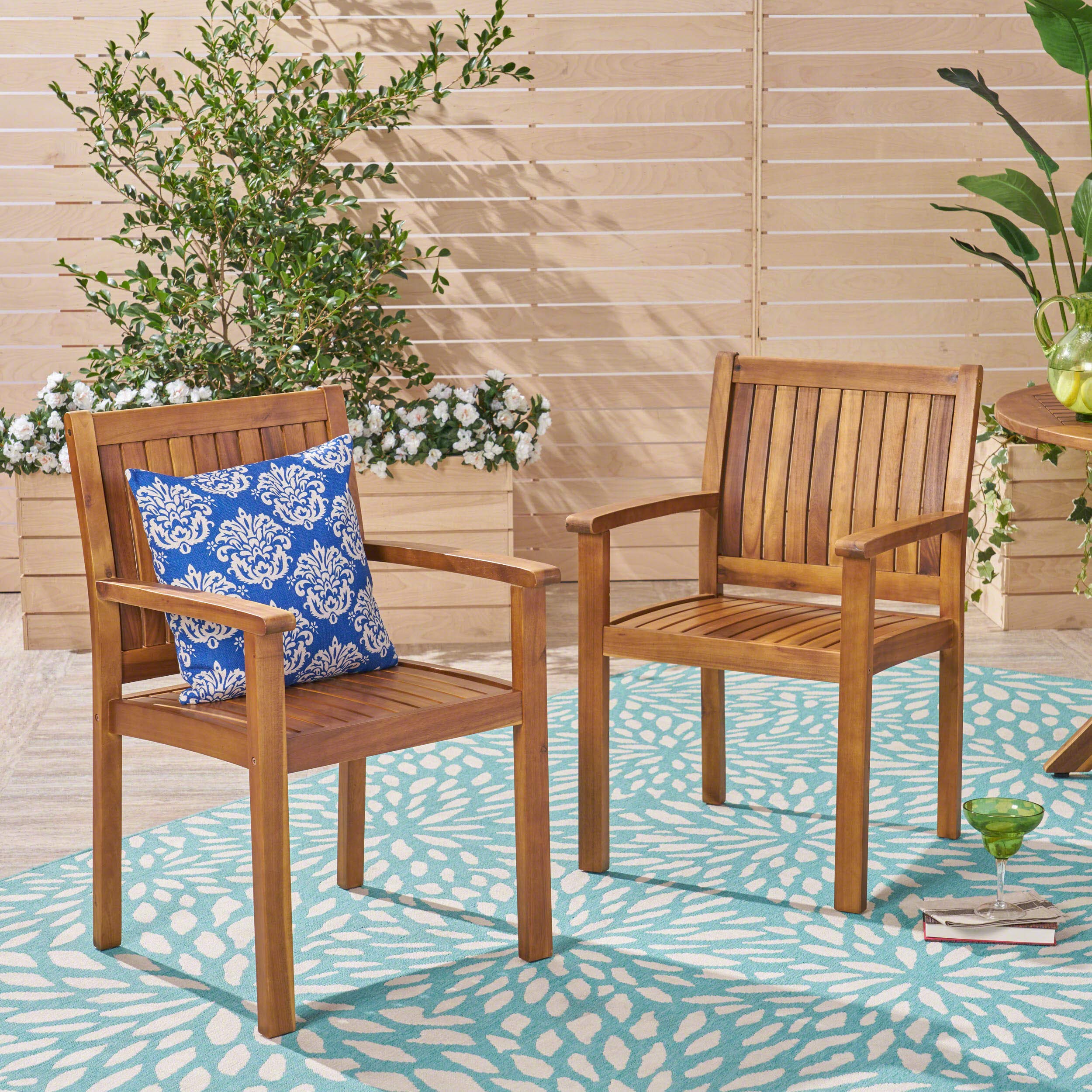 Christopher Knight Home Teague Outdoor Acacia Wood Dining Chairs (Set of 2) Carlisle Outdoor Dining Table with Iron Legs