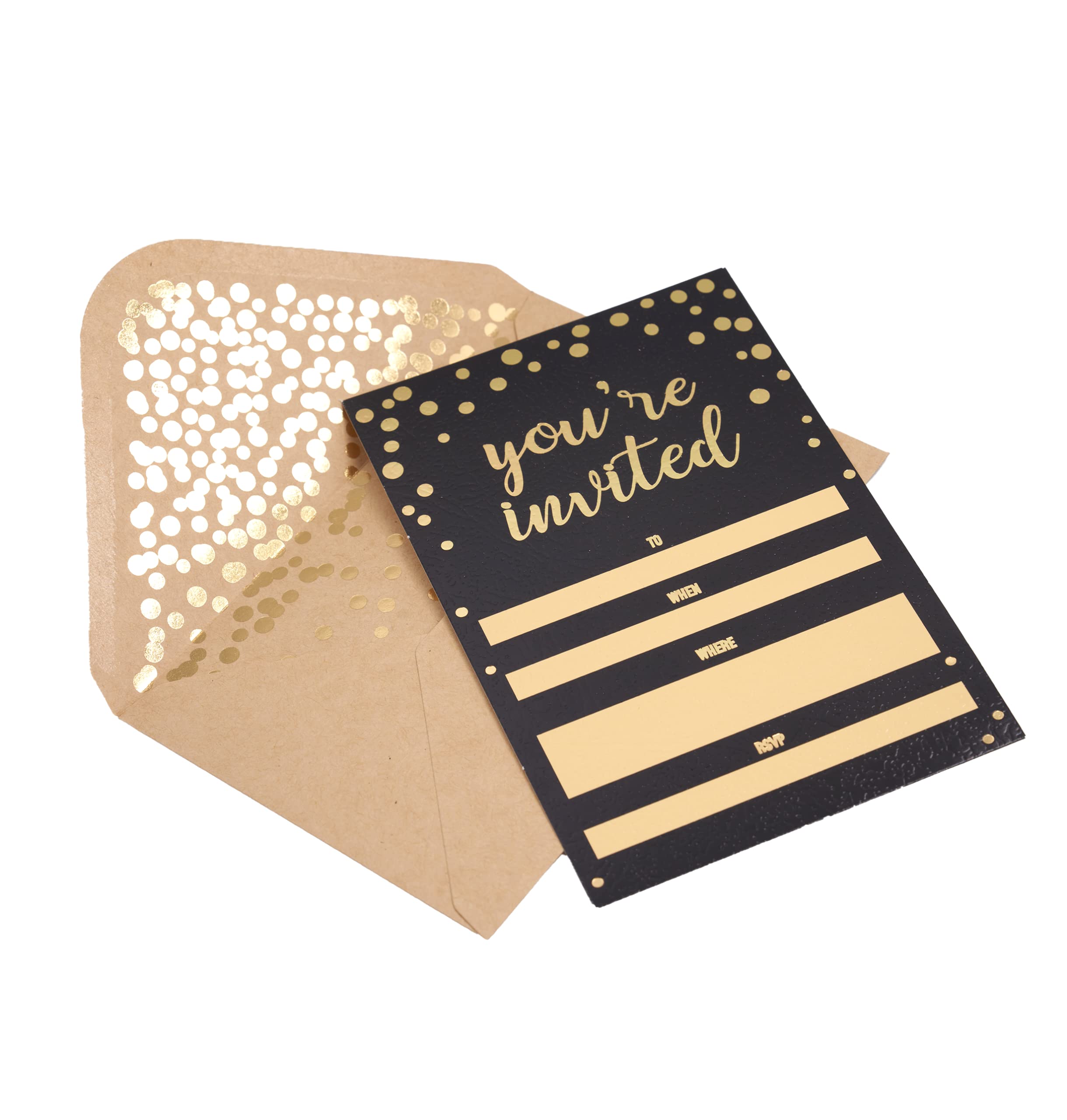 Chriz.Z Invitation Cards - 50-Count 4" x 6" Black Invitation Cards ‘’You Are Invited’’ in Gold Foil with 52 Gold Confetti Foil Kraft Envelopes – For Wedding, Bridal Shower, Baby Shower, Birthday