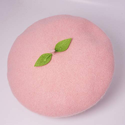 Kawaii Handmade Cartoon Beret Hat Green Leaves Fruit Cosplay Vintage Lolita Mori Girl Wool Cap Gift (Pink)