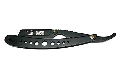 Classic Samurai New Ergonomic Design Stainless Steel Professional Folding Straight Edge Barber Razor Shavette Manual Shaver with 100 Shark Single Blades (Matte Black + 100 Shark Blades)
