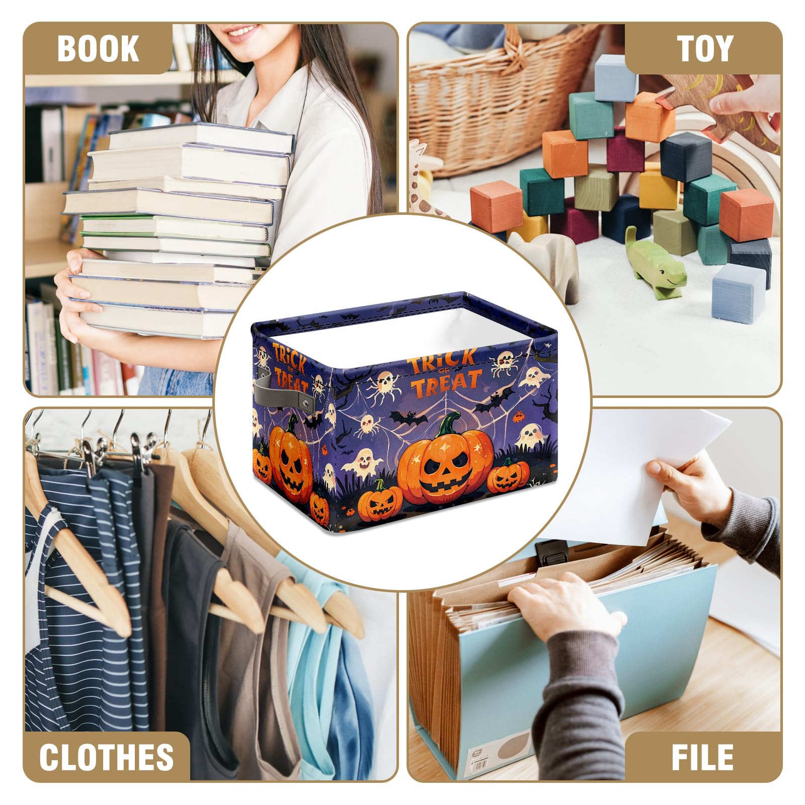 Halloween Basket,Spooky Basket Pumpkin Halloween Storage Gift Basket with Handles Decorative Foldable Storage Bin 14 x 10 x 9
