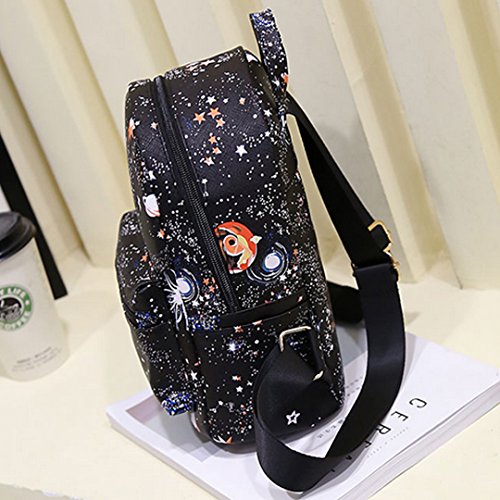 CLARA Fashion Mini Backpack Star Universe Space Printing Travel Bag PU Leather Casual Daypack Small Satchel Black
