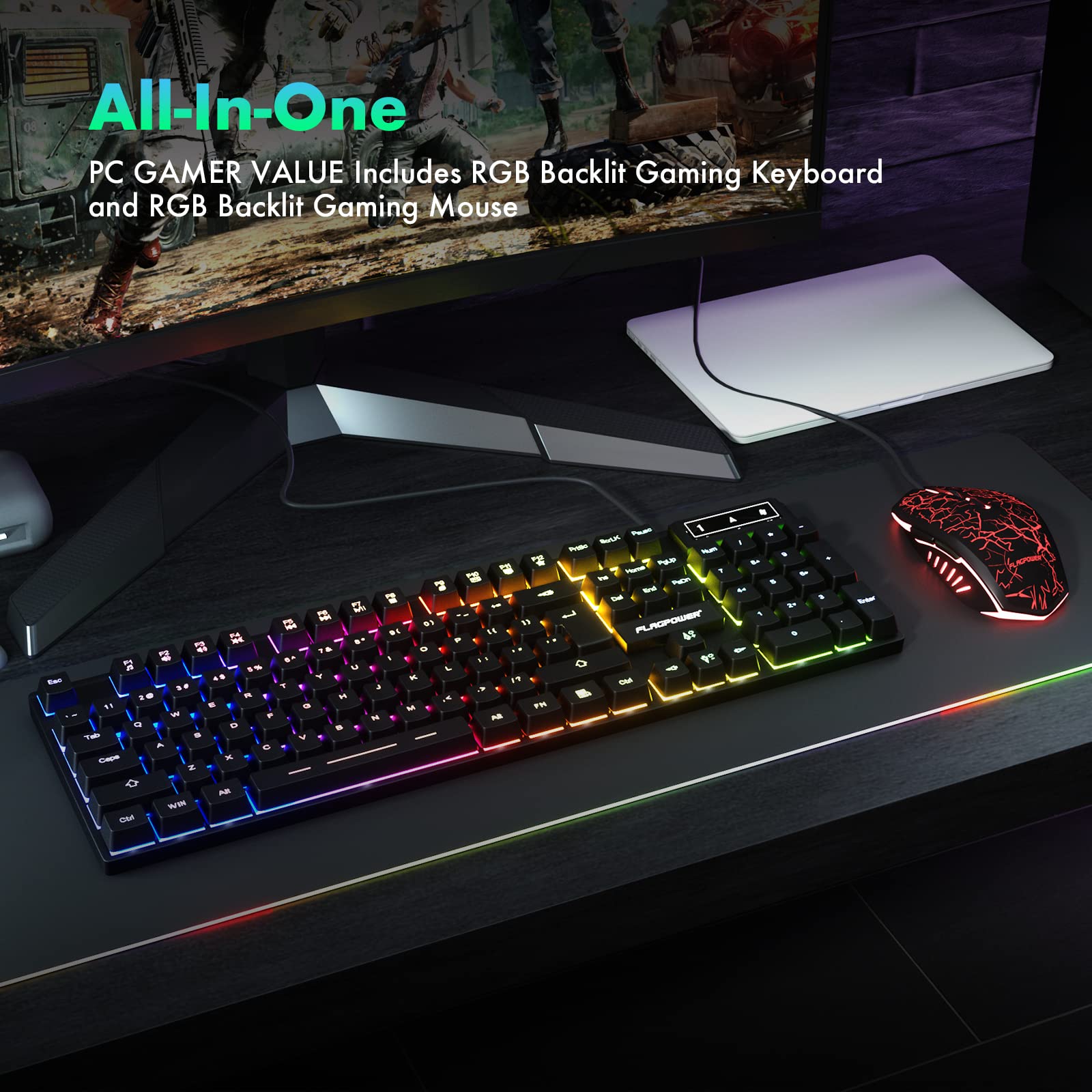 FLAGPOWER RGB Gaming Keyboard and Breathing Mouse Combo, Adjutable Breathing Backlit Mechanical Feeling Keyboard with 4 Colors 4800DPI Backlight Mouse for PC Laptop Computer Game and Work