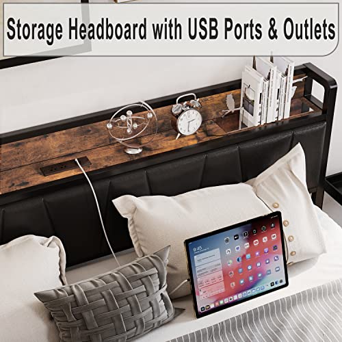 LIKIMIO Queen Bed Frame, Storage Headboard with Charging Station, Solid and Stable, Noise Free, No Box Spring Needed, Easy Assembly (Vintage and Black)