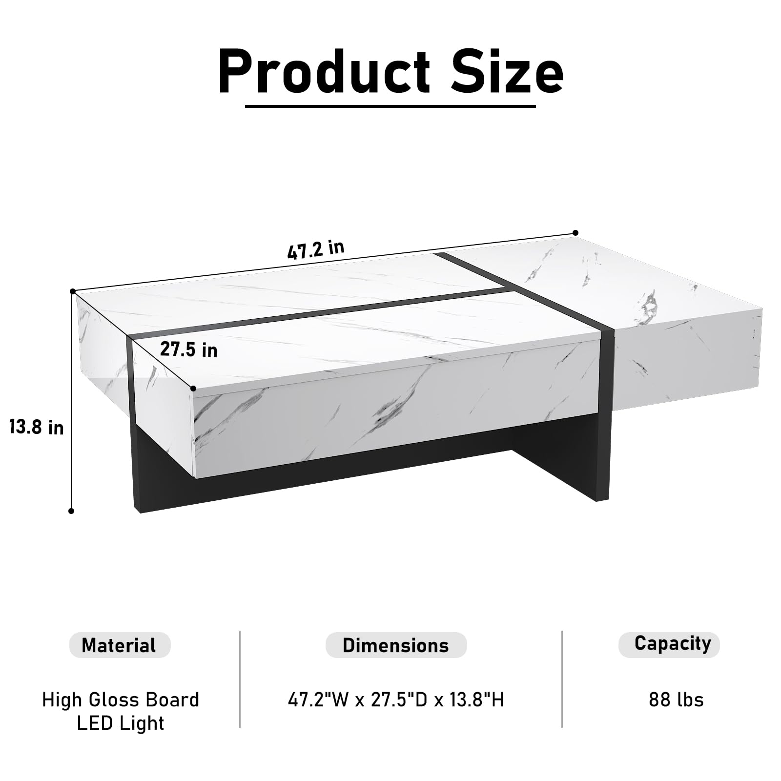 chartustriable 47.2" Modern Coffee Table for Living Room, LED High Gloss Coffee Table with Storage Drawers and LED Light, Center Table for Living Room(Black & Marble)