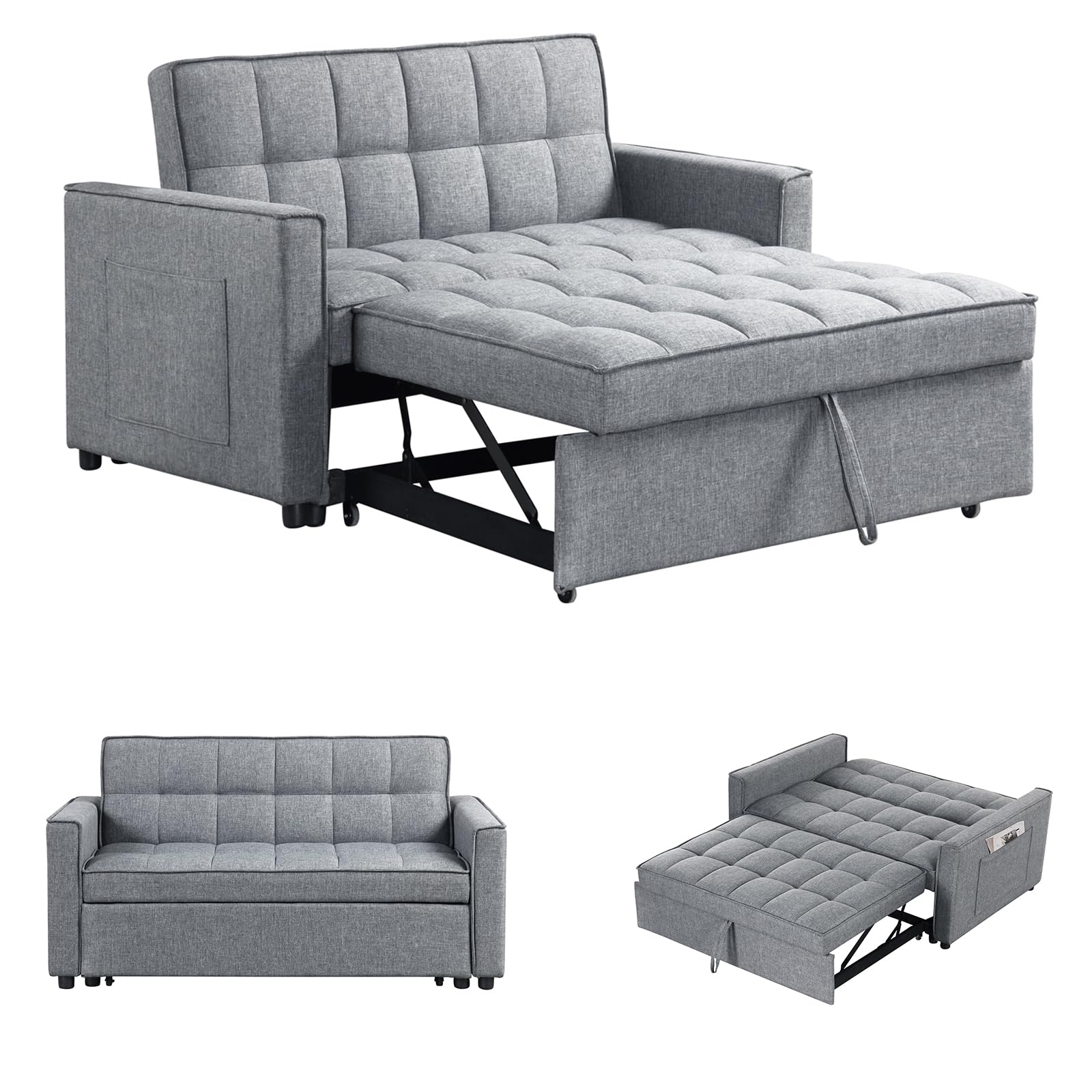Furrich 3 in 1 Pull Out Couch, Pull Out Sofa Bed with Adjustable Backrest, Storage Pockets, Convertible Futon Sleeper Sofa Couch with Pullout Bed for Living Room, Small Space, Apartment, Grey 308LG