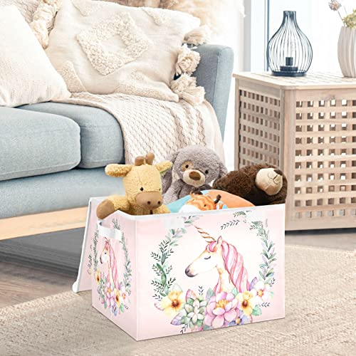 Kigai Valentine Unicorn Flower Lidded Home Storage Bins, Foldable Storage Basket with Double Handle, Flip-Top Storage Box for Toys Clothes Documents