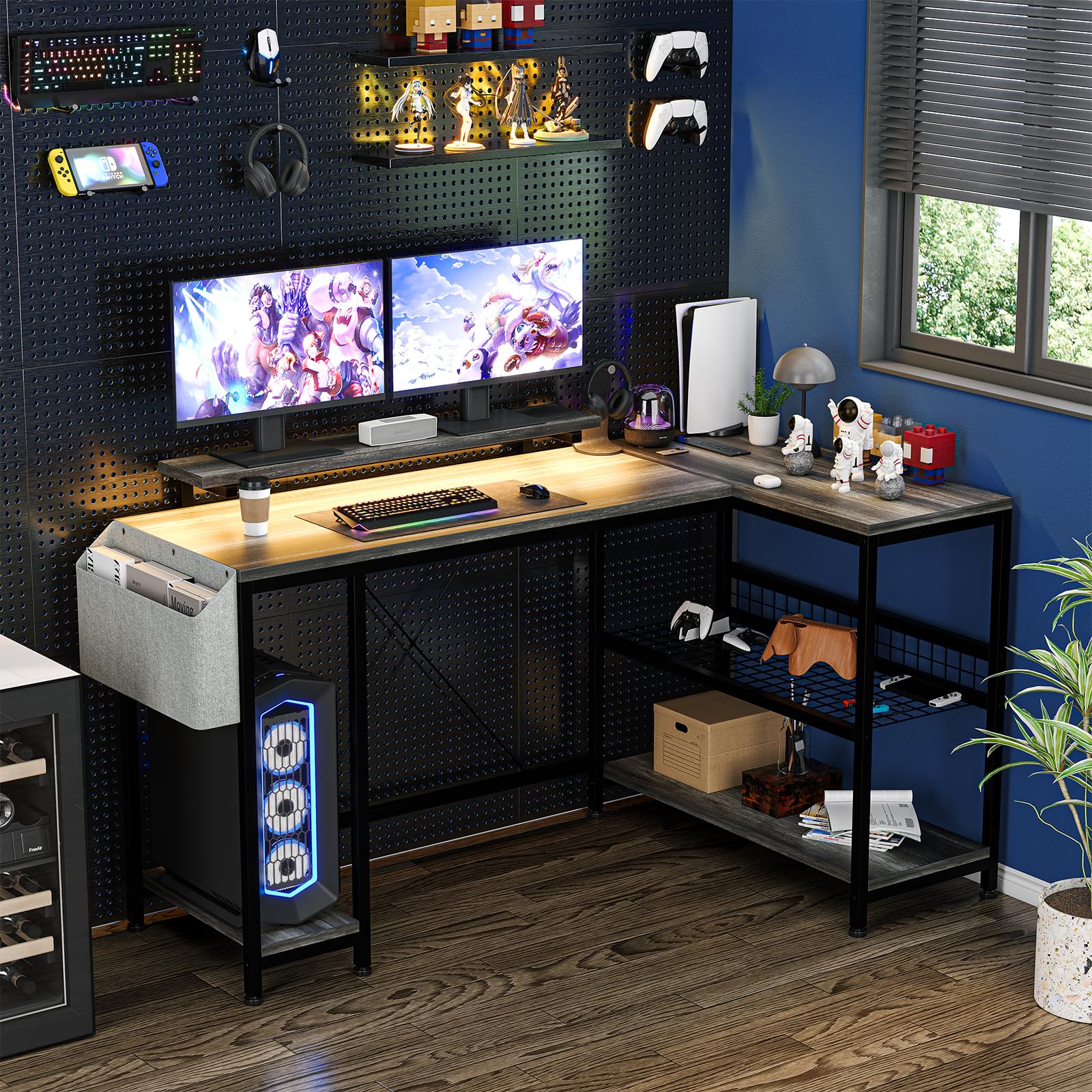 Jojoka L Shaped Computer Desk with Power Outlets & LED Light, Reversible Corner Computer Desk with Storage Shelves & Monitor Stand, Home Office Desk, Gaming Desk, Writing Desk (Pink)
