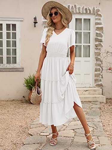 LILLUSORY Womens Modest Graduation Smocked V Neck Flowy Tiered A Line Midi Dresses 2023 Summer Short Flutter Sleeves Empire Waist Derby Long Maxi Dress White