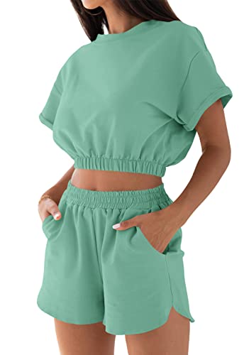 DOBULO Women's Workout Sets 2 Piece Gym Outfits Crop Tops High Waist Running Shorts Yoga Activewear