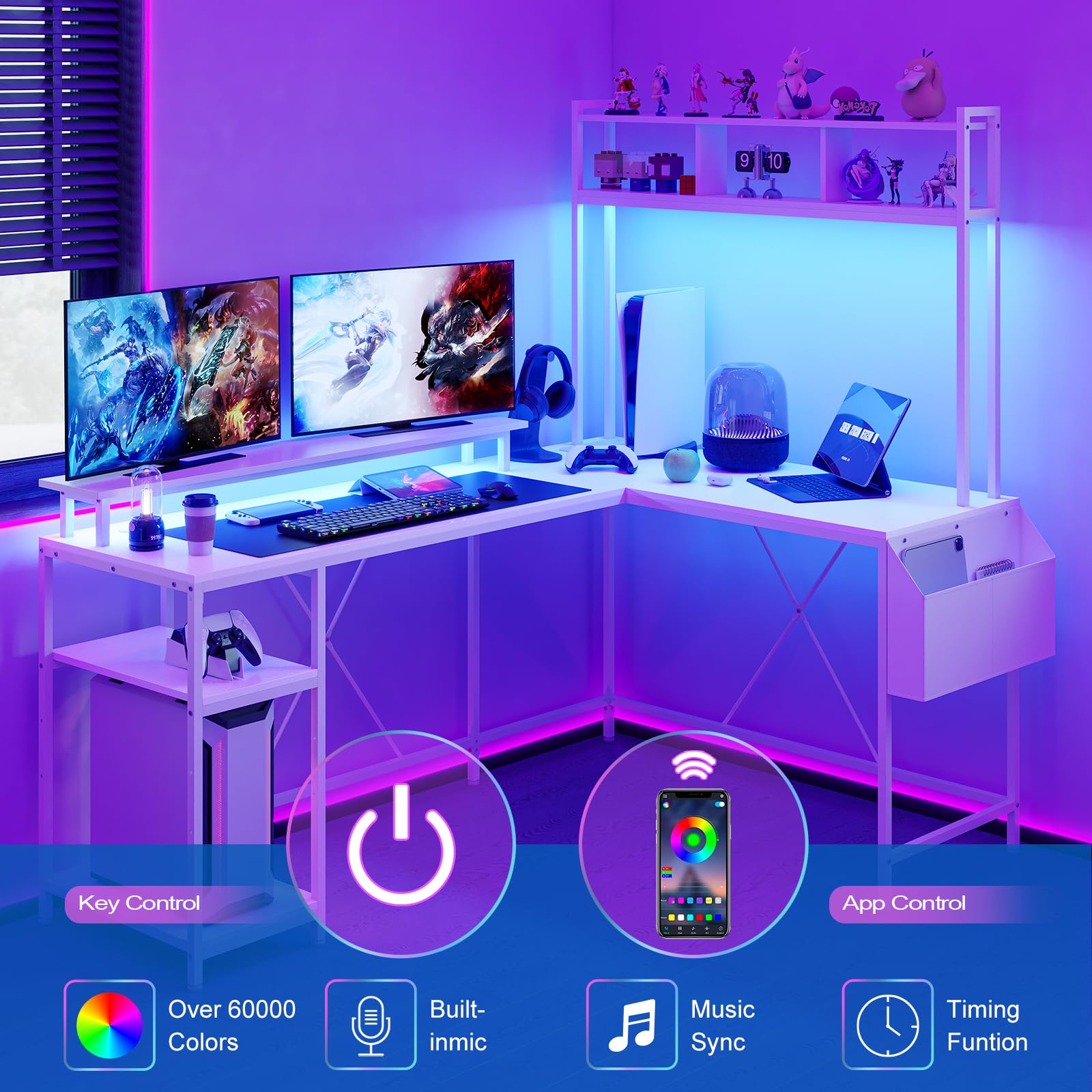 Jojoka L Shaped Computer Gaming Desk with LED Lights & Power Outlets, 67" Reversible Large L-Shaped Desk with Monitor Stand & Storage Shelves (White)
