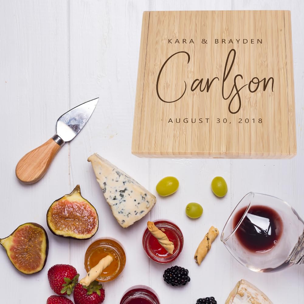 Cre8tive Motifs 5 Piece Cheese Knife Set, 8 Inch Charcuterie Board, Personalized Cutting Board, Customized Wedding Gift, Anniversary Gift for Her, Engraved Knife (Case Engraving Only)