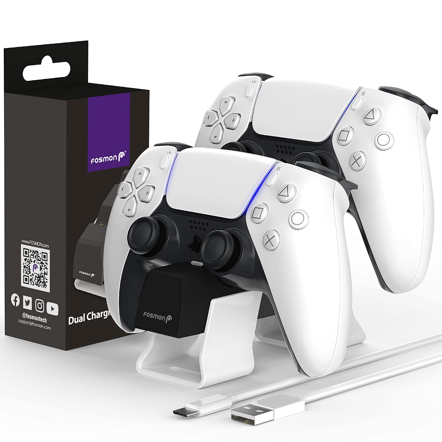 Fosmon Dual Charging Station for PS5 DualSense Wireless Controllers - Black/White