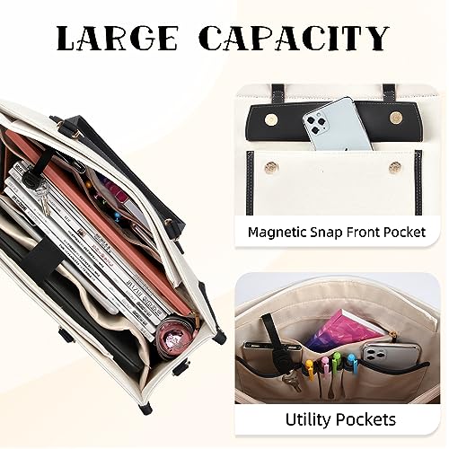 Laptop Bag for Women 15.6 Inch Canvas Tote Bag Water Resistant Large Capacity Work Bags Lightweight Office Briefcase Business Computer Bag Stylish Shoulder Bag Handbag, Black