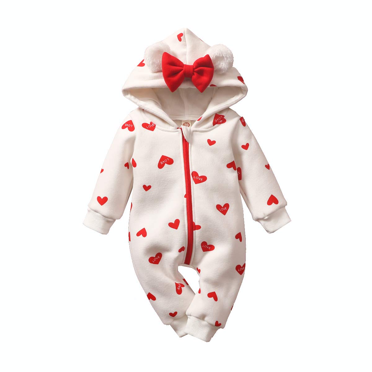 Newborn Baby Girl Valentine's Day Outfits Zipper Love Heart Hooded Romper Jumpsuit Fall Winter One Piece Clothes