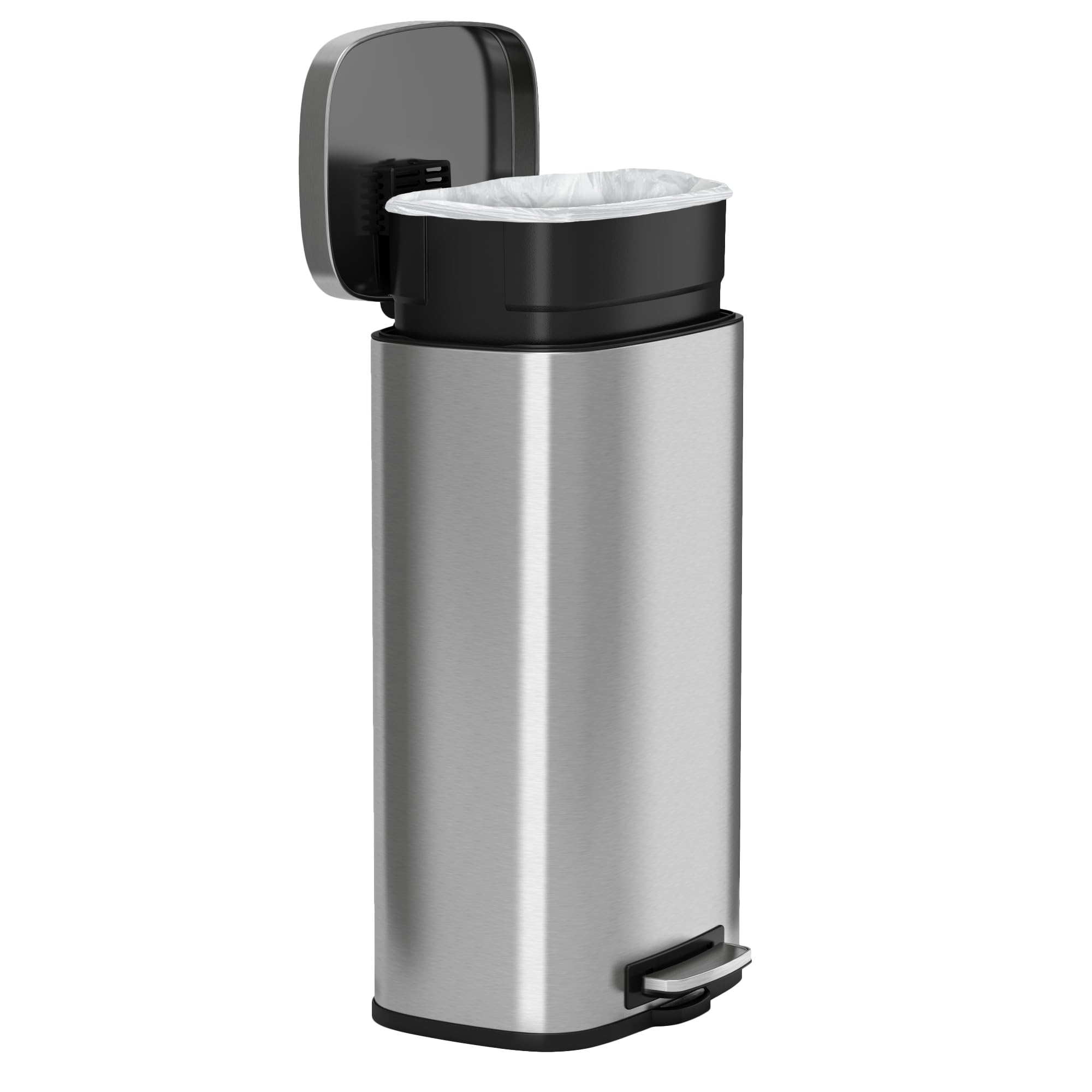 iTouchless SoftStep 8 Gallon Kitchen Step Trash Can with Odor Filter and Removable Inner Bucket, Stainless Steel 30 Liter Rectangular Pedal Garbage Bin for Home, Office, Silent and Gentle Lid Close
