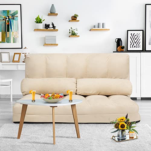 KOMFOTT Adjustable Floor Sofa Bed, Foldable Lazy Sofa Sleeper Bed with 6 Position Backrest & 2 Pillows, Convertible Futon Couch Bed with Suede Cloth Cover, Lounge Recliner for Living Room