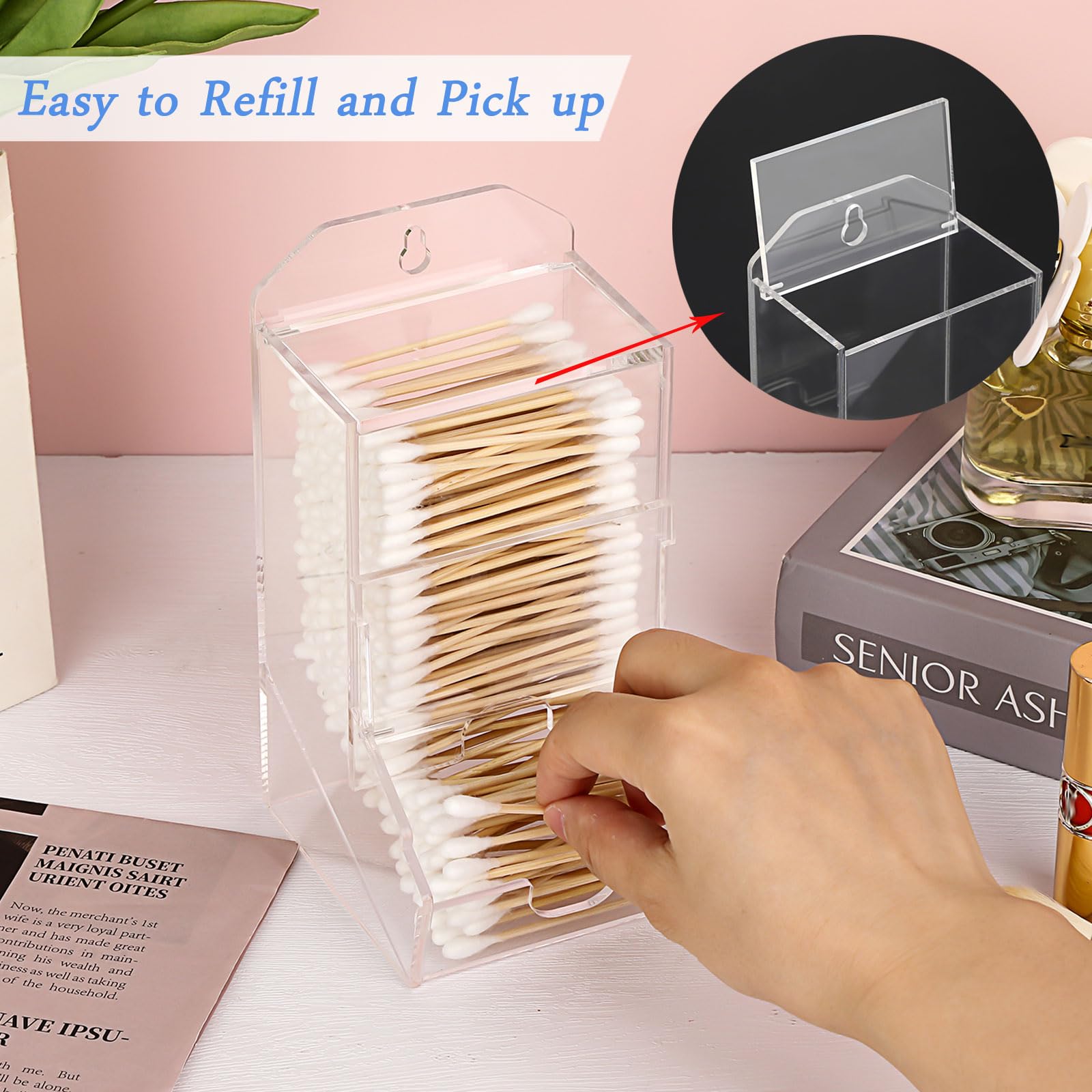 Hipiwe Clear Qtip Dispenser Wall Mount Acrylic Q Tip Holder Bathroom Cotton Ball Organizer Box with Lid Vanity Storage Canister Box for Cotton Swabs Dental Floss, 4"x 3.5"x 6.7"