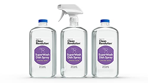 Clean Revolution SuperWash Dish Soap Starter Kit, Includes Three 18-Ounce Bottles + One Trigger Sprayer, Compatible with Dawn Powerwash Sprayers, Spring Rain Fragrance, Clear, 54 Fl Oz Total