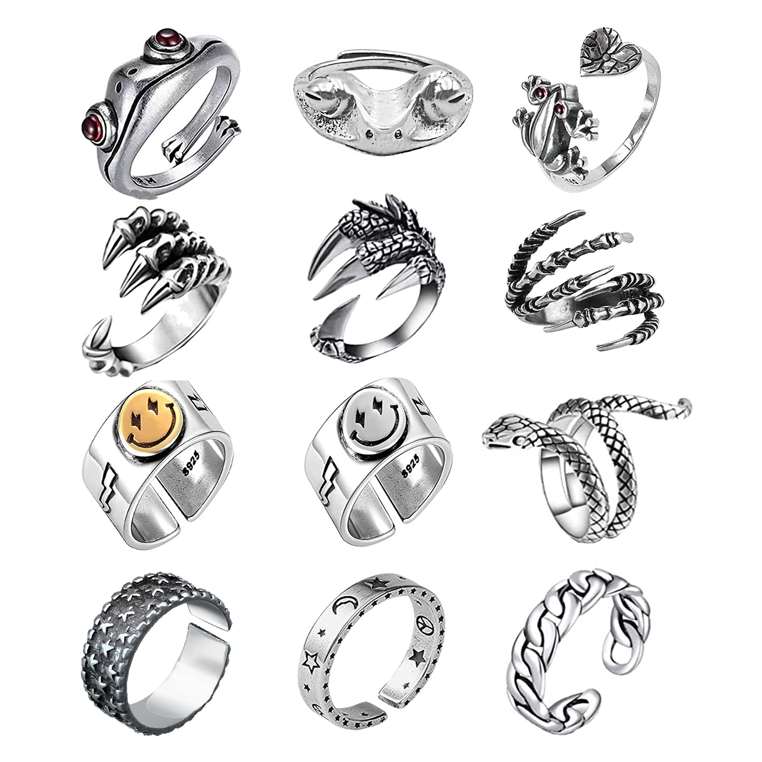 CSIYANJRY99 12Pcs Vintage Punk Open Rings for Men Women,Gothic Y2K Frog Rings Set Hippie Snake Dragon Claw Smiley Face Chain Rings Adjustable Stackable Knuckle Rings