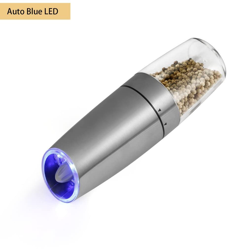 Gravity Electric Pepper Grinder, Salt and Pepper Mill & Adjustable Coarseness, Battery Powered with LED Light, One Hand Automatic Operation, Stainless Steel (Single/Silver)