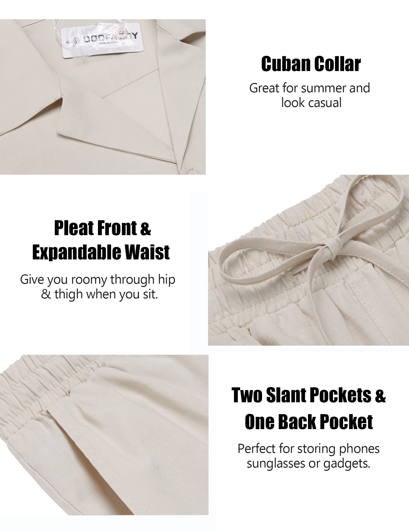 COOFANDY Men Beach Outfits Sets 2 Pieces Cotton Linen Button Down Shirt and Casual Loose Trousers Summer Suit