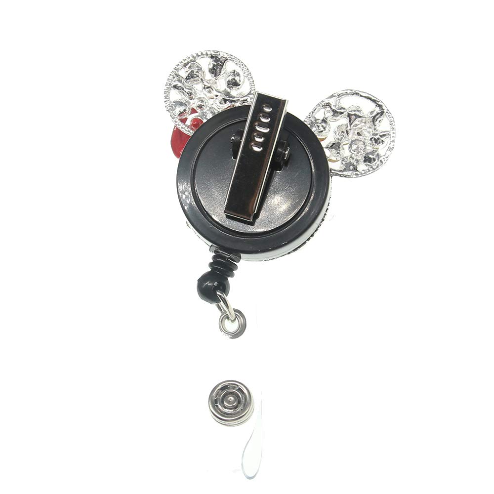 Cute Mouse Shape Rhinestone and Enamel Badge Holder Animal Mouse Head Retractable ID Badge Reel for Nurse/Teacher/Student/Staff (Silver&Pink)