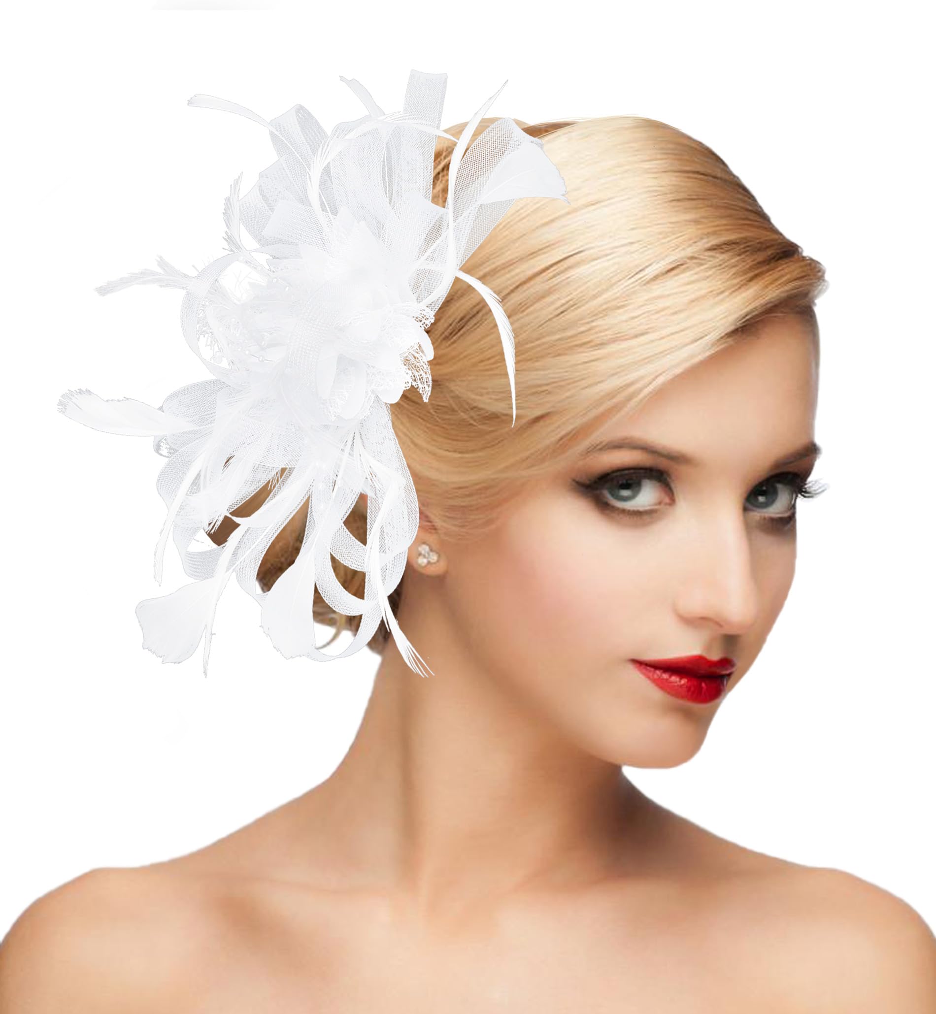dressfan Fascinator Hat Headpiece Womens Vintage Wedding Mesh Feather Hair Clip,20s 50s Headband Hair Accessories Headwear for Kentucky Derby/Wedding/Cocktail/Tea Party,White