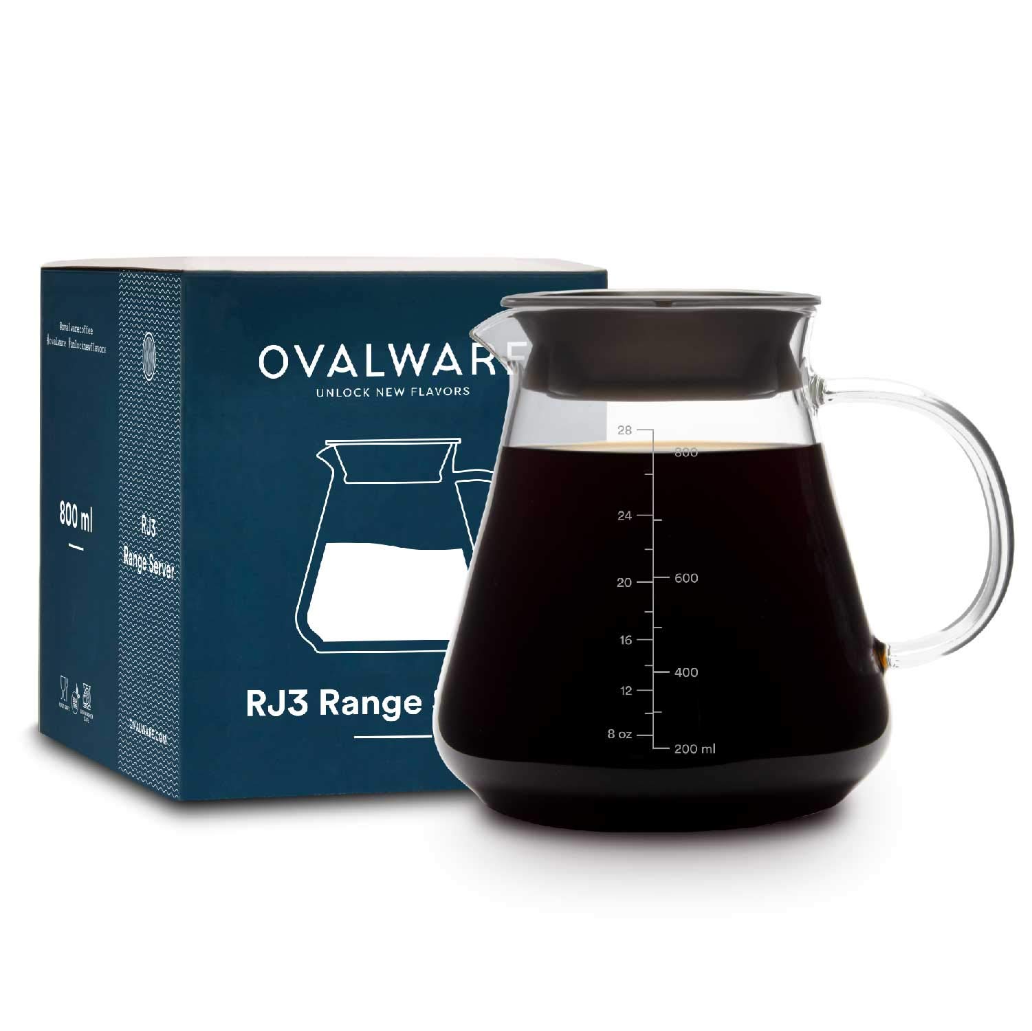 Glass Range Coffee Server For Pour Over Coffee & Tea - 800ml/27oz Ovalware Microwave Safe & Heatproof 2.5mm Thick Glass Body