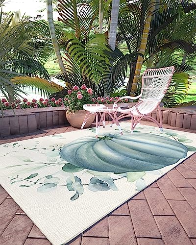 Rustic Blue Pumpkin Large Rectangular Area Rugs 5' x 8' Living Room, Durable Non Slip Rug Carpet Floor Mat for Bedroom Bedside Outdoor Thanksgiving Fall Green Eucalyptus Leaves