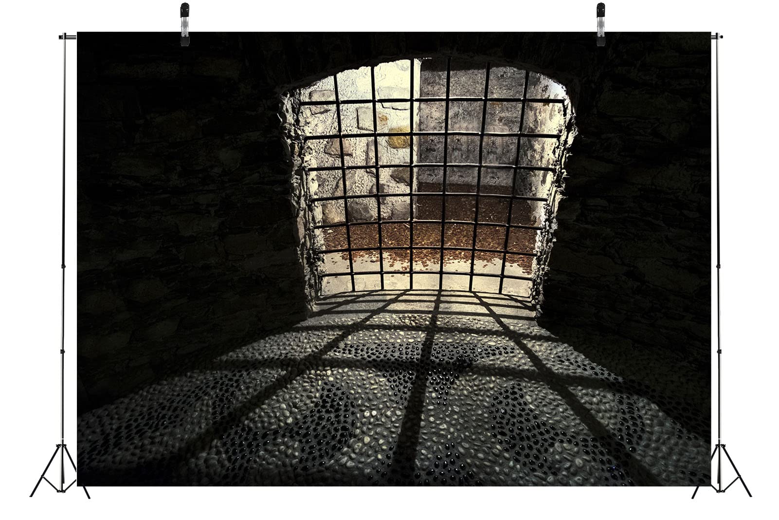 CORFOTO 5x3ft Fabric Medieval Jail Cell Backdrop for Photography Prison Window Light Background Old Dungeon Cell Party Decorations Murder Mystery Party Backdrop Photoshoot Booth Studio Props