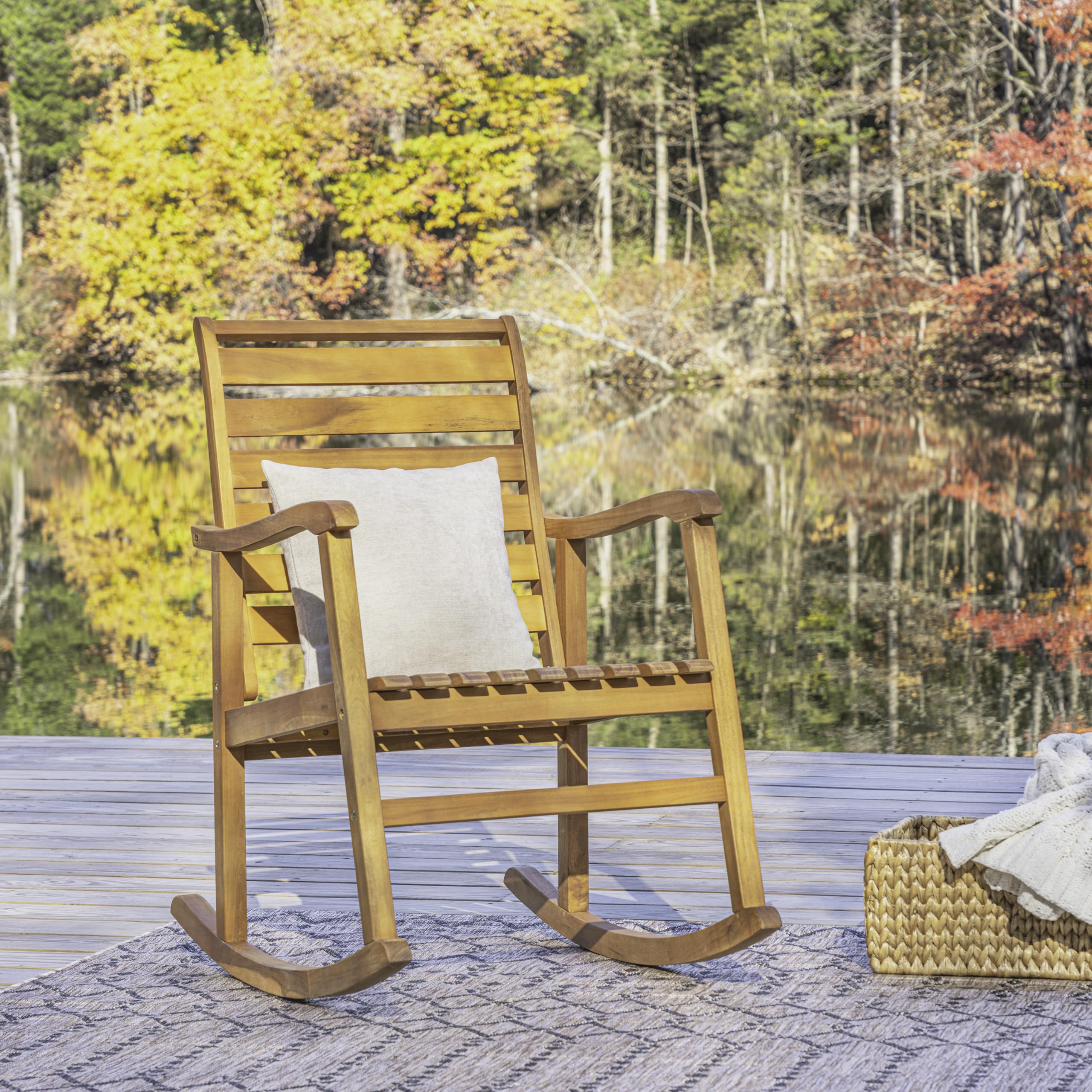 JONATHAN Y RCK101A Carey Modern Slat-Back 300-Lbs Support Acacia Wood Patio Outdoor Rocking Chair for Garden, Lawn, Backyard, Pool, Deck, Beach, Firepit, Teak