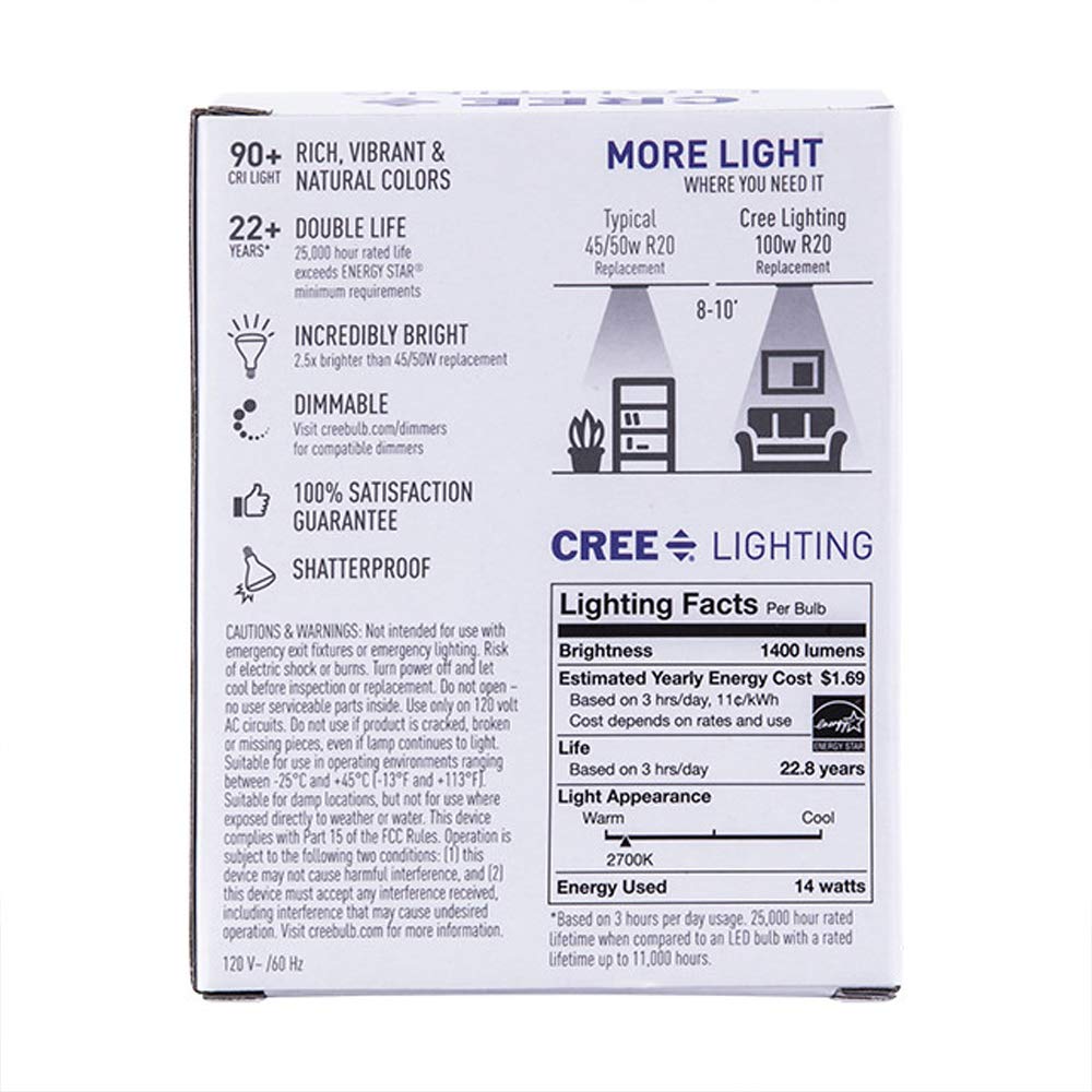 Cree Lighting R20 Indoor Flood 100W Equivalent LED Bulb, 1400 lumens, Dimmable, Soft White 2700K, 25,000 Hour Rated Life, 90+ CRI | 1-Pack