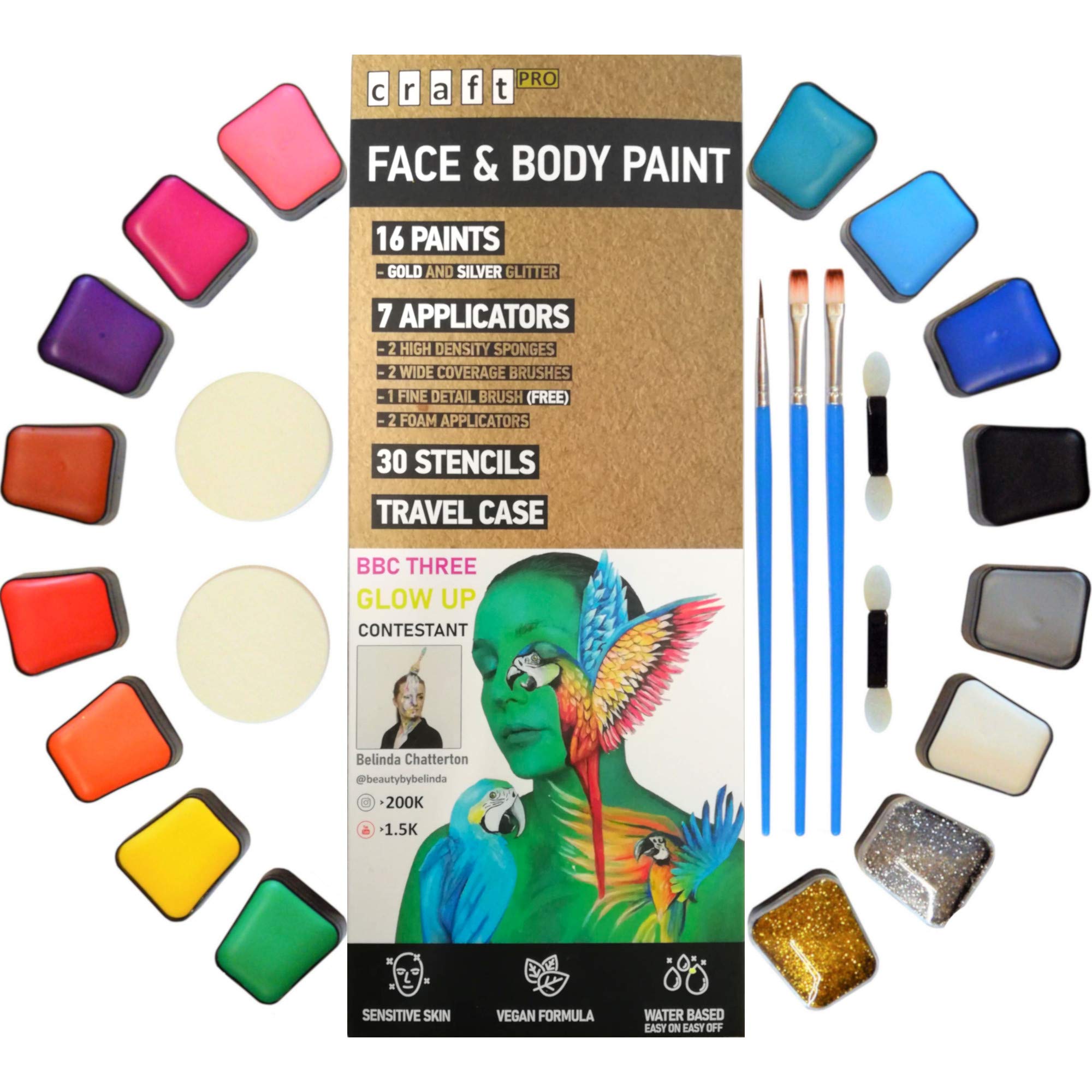 Craft Pro - Kids Face Paint Kit - Vegan + Cruelty Free (Non-Toxic). Includes Guidebook, Applicators, Stencils. Easy ON Easy Off (Water Activated Body Paint)