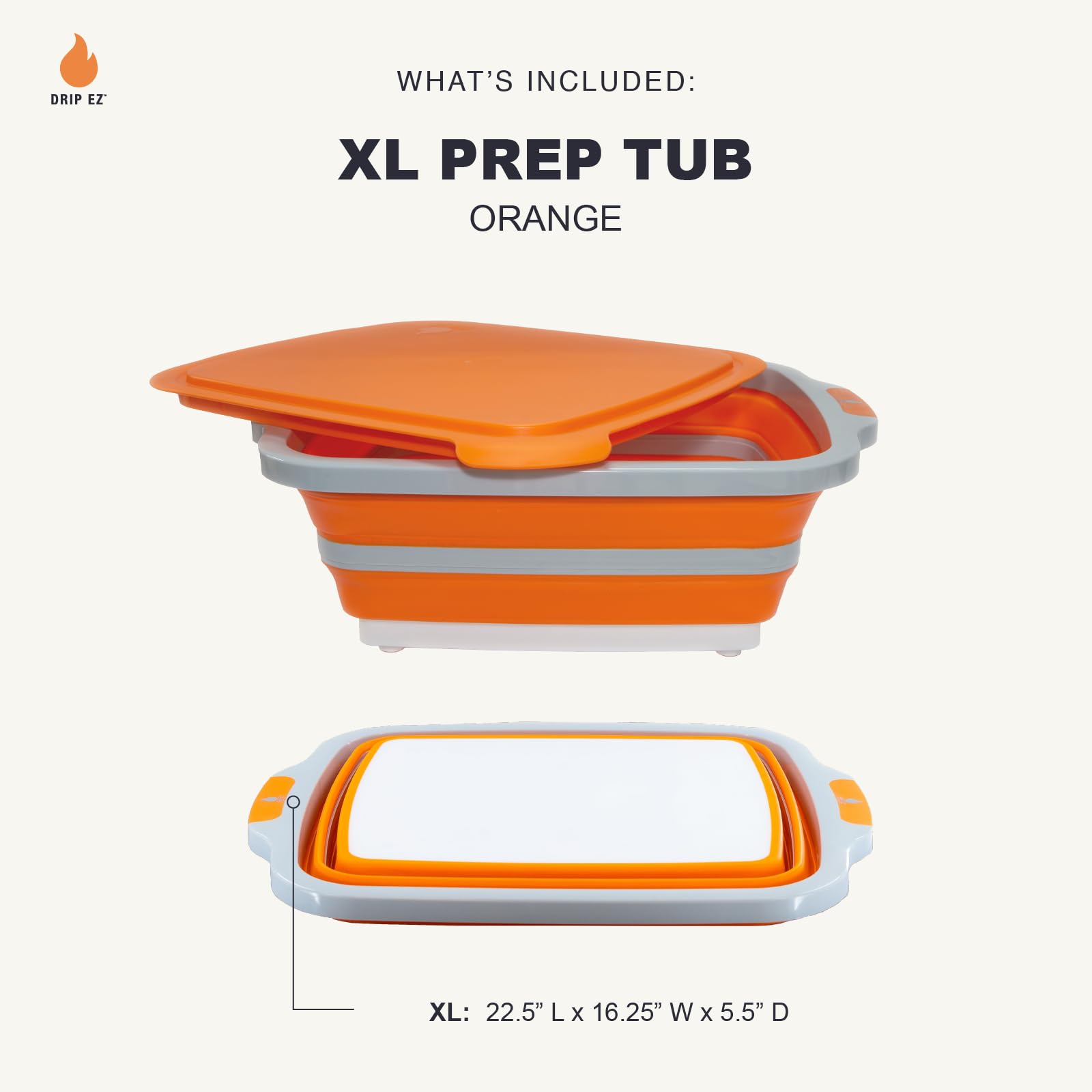 Drip EZ Collapsible BBQ Prep Tub - For Meal Prep, Marinating, Food Storage - Includes Cutting Board & Lid - (1) XL - Orange