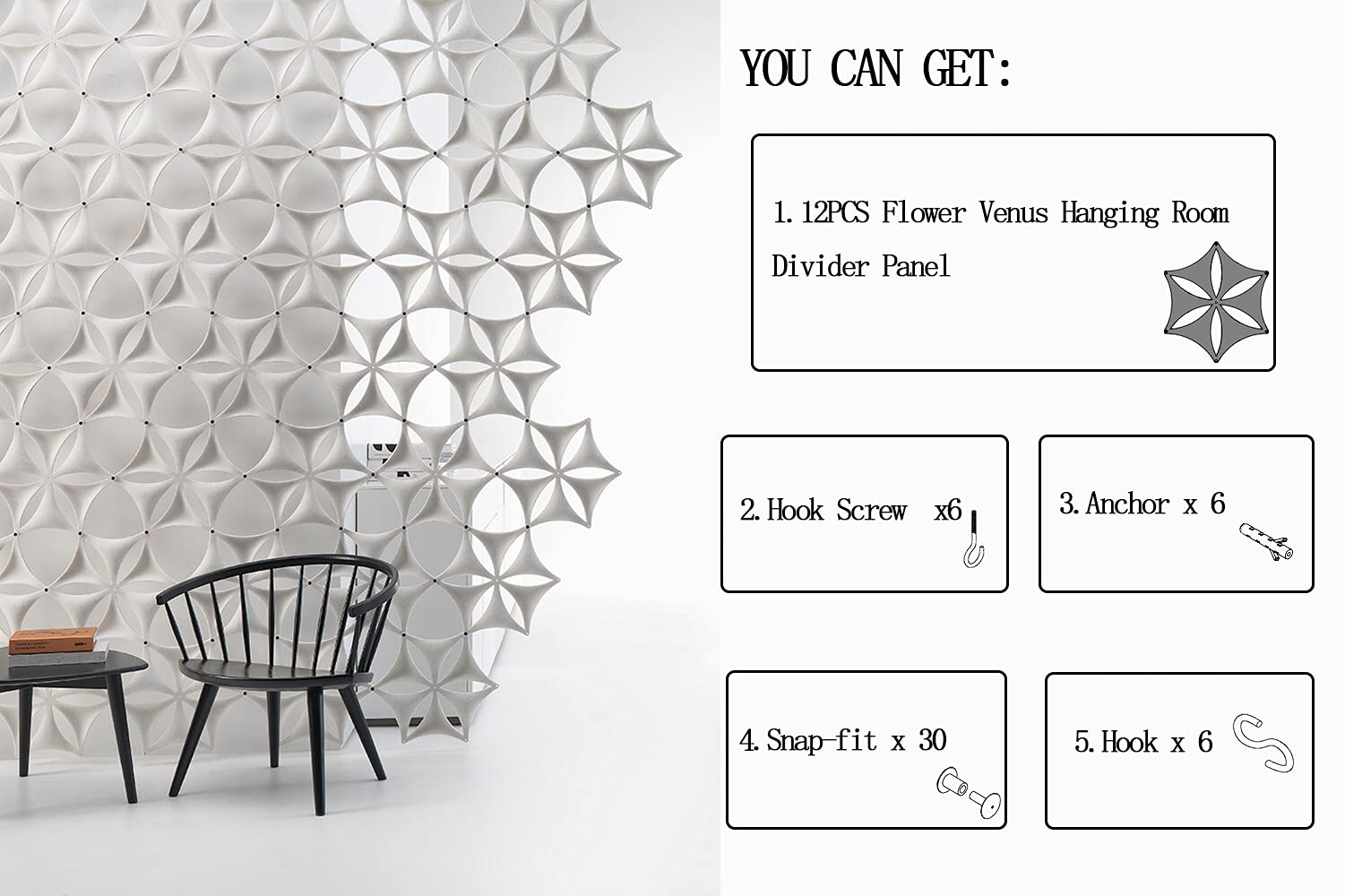 OSHIYINN White 3D Flower Venus 14"x12" Hanging Room Divider Panel Felt Fiber Surface High Density Polyester Fiber Board Cut Room Partition Home Decoratio(12 Pcs)