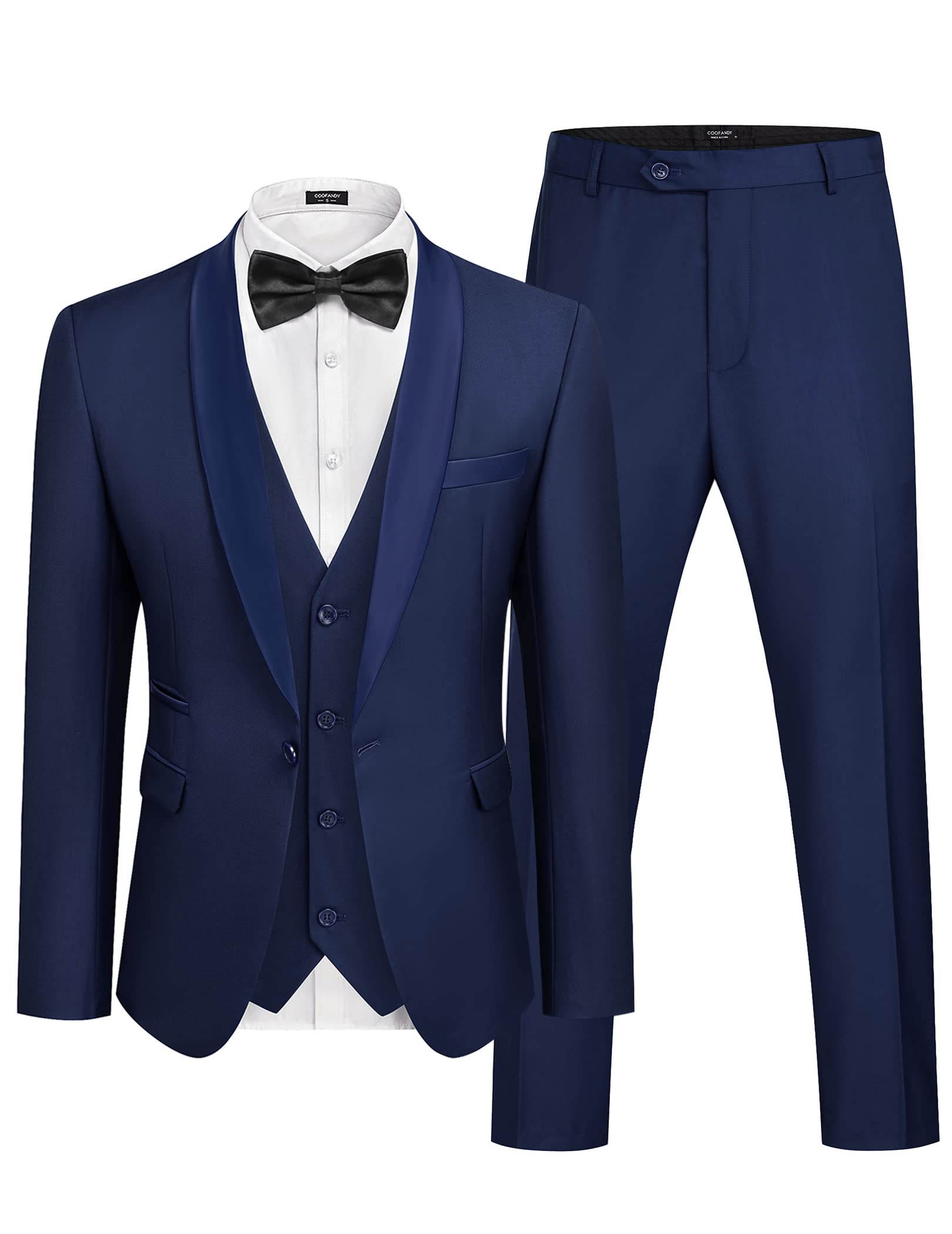 COOFANDY Men's 3 Pieces Suit Elegant Tux Wedding Prom Party Tuxedo Blazer Navy Blue XXL