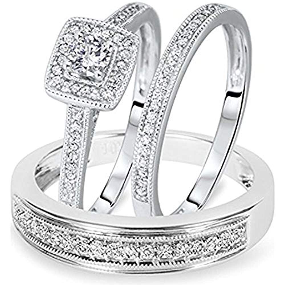 CZ Diamond Trio Set White Gold Fn Matching His & Her Engagement Ring Wedding Band .925 Sterling Silver