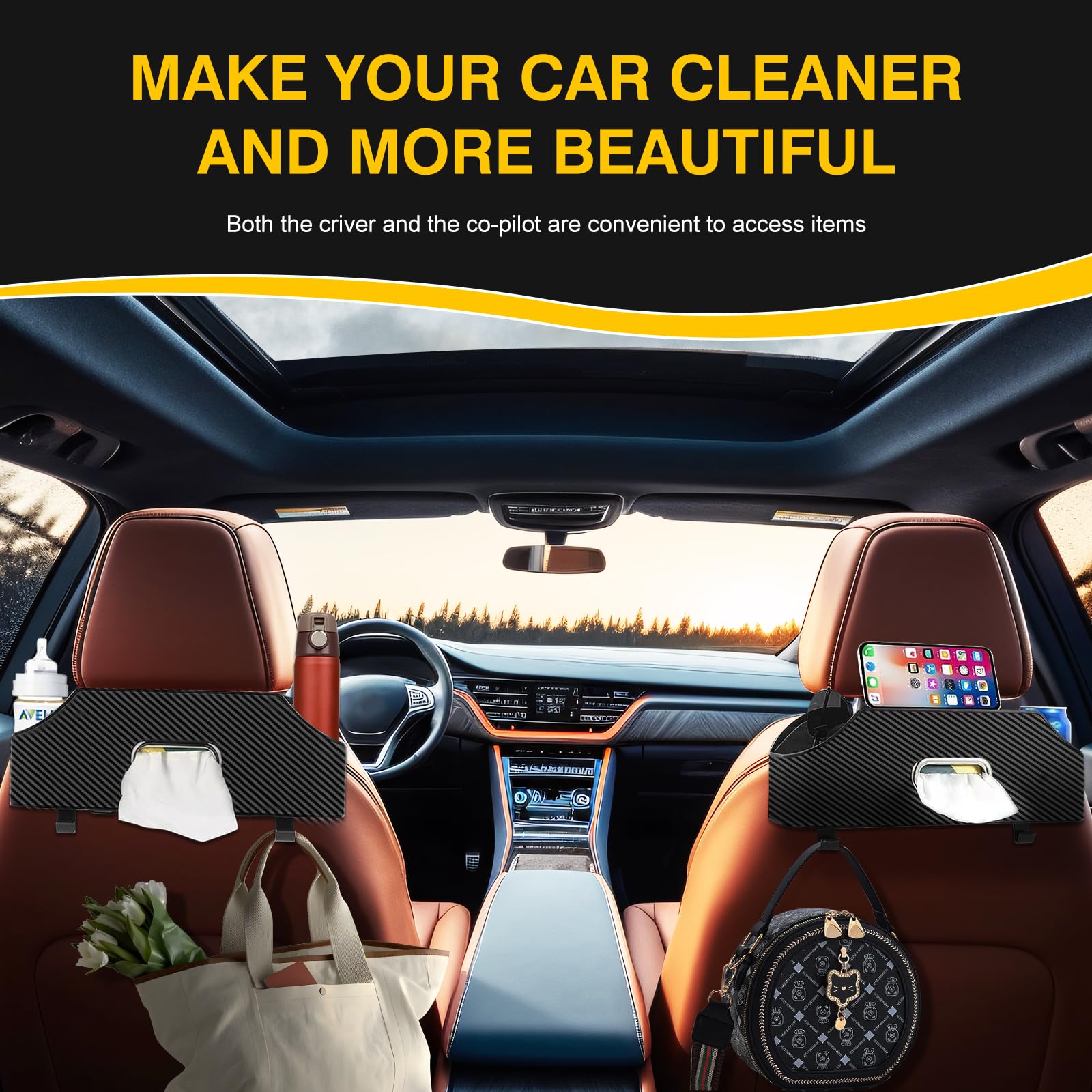 Car Headrest Backrest Organizer, 2024 Upgrade Multifunctional Rear Seat Car Storage 4 in 1 Seat Back Organizer with Cup Holder/Tissue Box/Phone Holder Car Travel Accessories