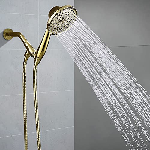 G-Promise Luxury High Pressure 5β Face 6 Setting Detachable Handheld Shower Head with Extra Long Flexible Metal Hose(70β Stretches to 75β), Adjustable Metal Holder, Polished Brass Finish (2.5GPM)
