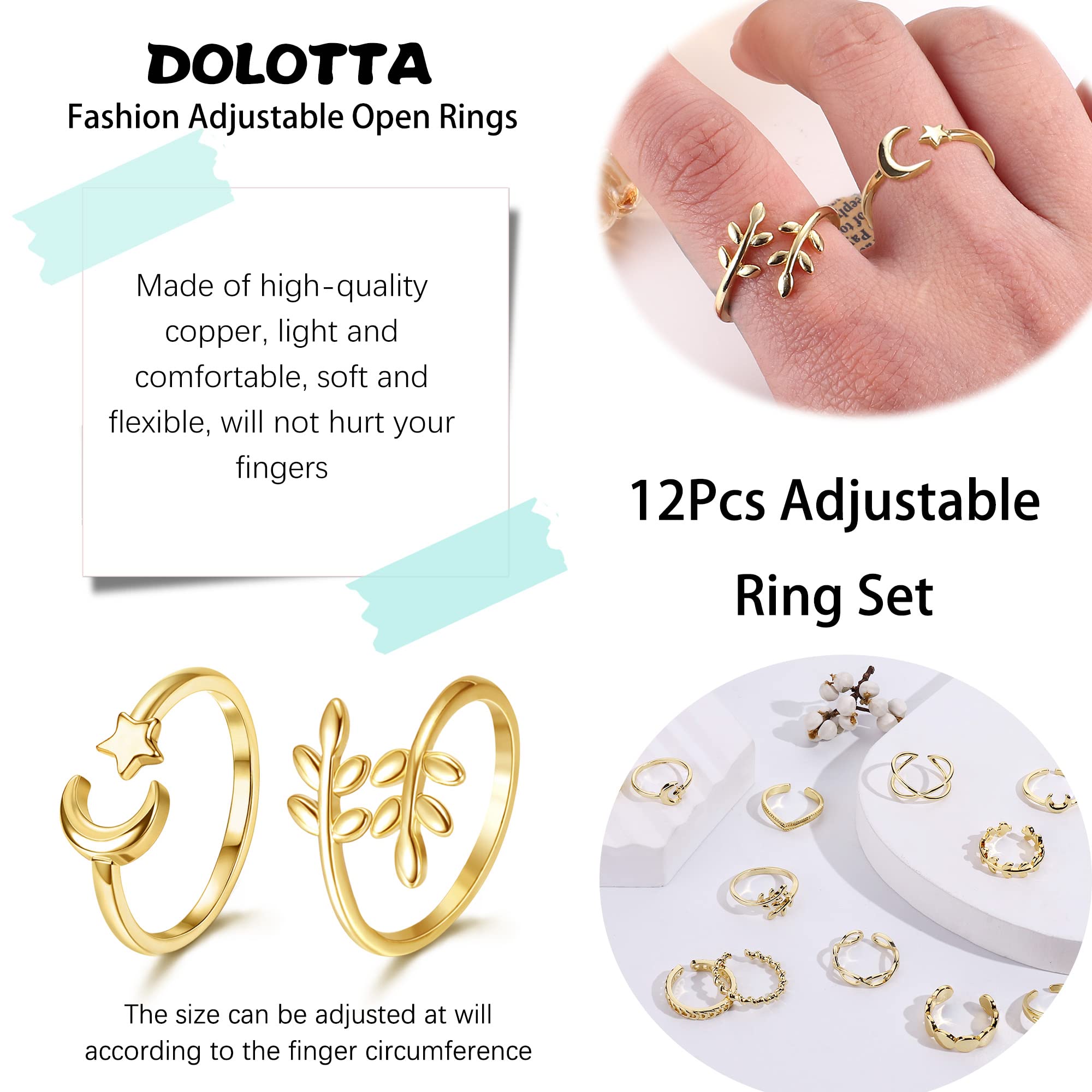 DOLOTTA 12 Pcs Adjustable Knuckle Rings for Women Arrow Knot Wave Rings Stackable Rings Thumb Open Ring Set