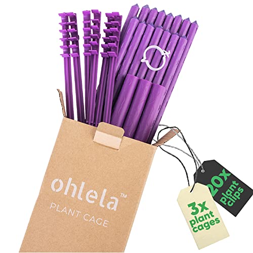 Large Tomato Cages for Garden - 48 Inches, 3-Pack Multifunctional Purple Tomato Plant Support for Vine, Vegetables, Fruits & Flowers with Adjustable Stake Arms - Non-Rusting with 20pcs Plant Clips