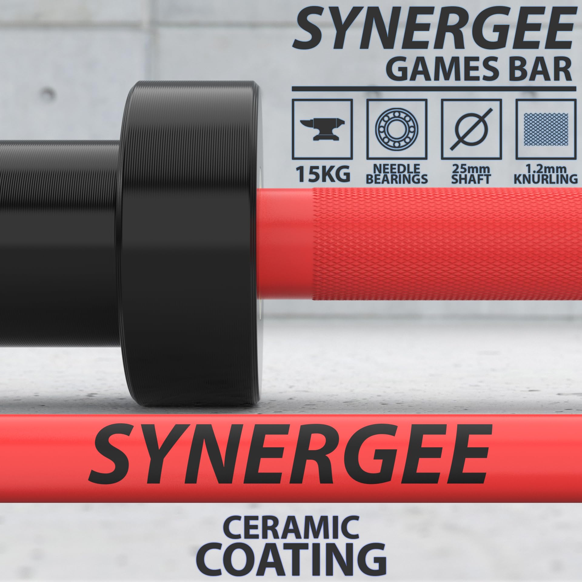 Synergee Games 15kg Colored Women’s Red Ceramic Coated Barbell. Rated 1500lbs for Weightlifting and Powerlifting