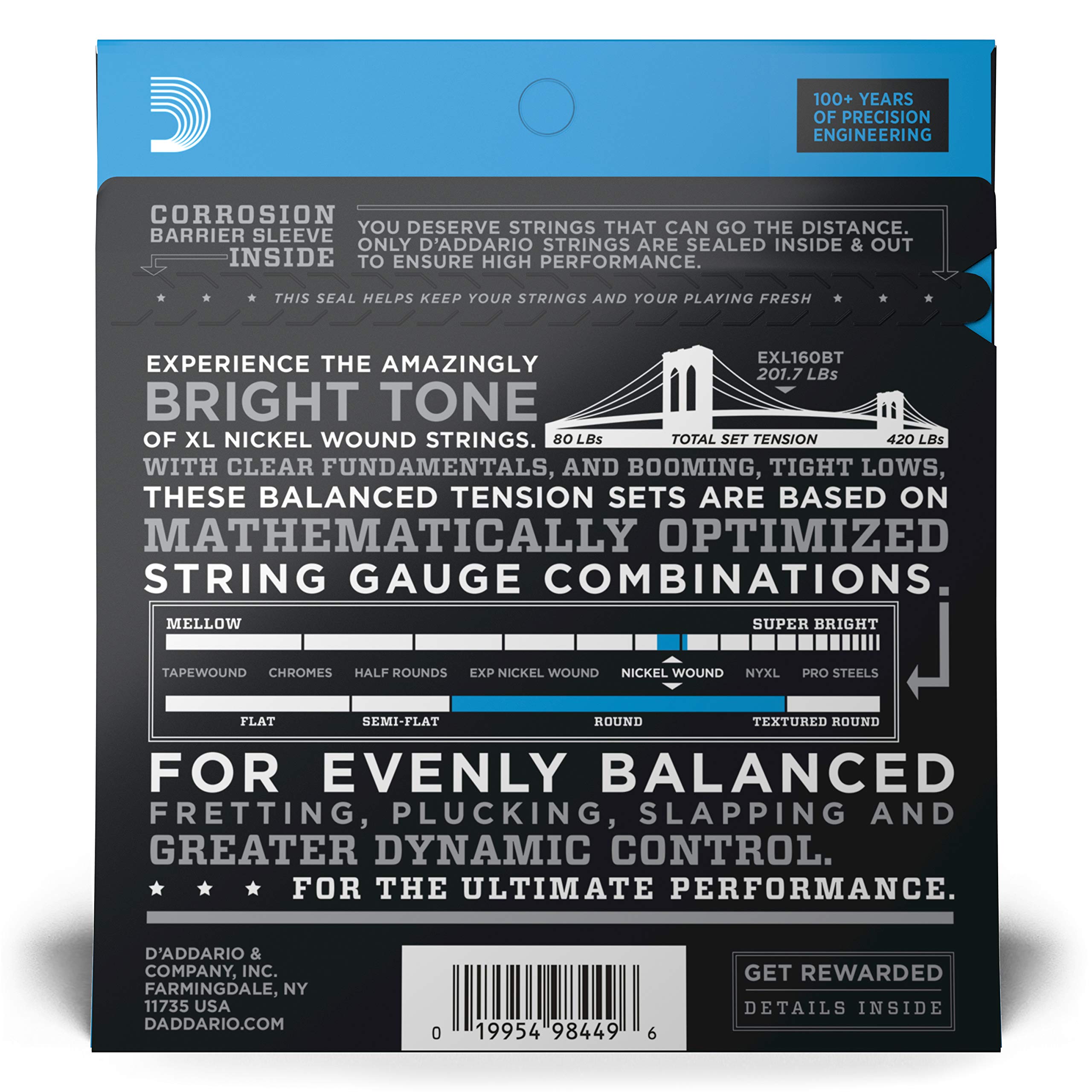 D'Addario Electric Bass Guitar Strings - EXL160BT 50-120 - Nickel Wound Bass Strings - For Bass Guitar 4 String - Balanced Tension Medium