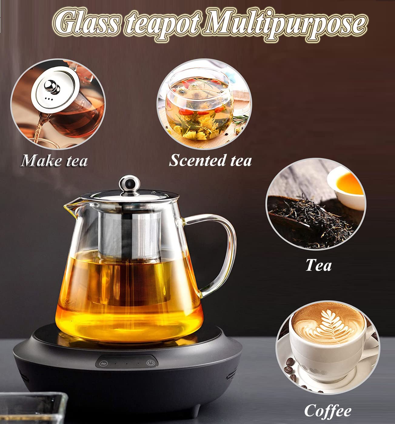Glass Teapot with Removable Stainless Steel Infuser, Borosilicate Glass Tea Pot with Strainer,for Blooming Tea & Loose Leaf Tea, Microwave & Stovetop Safe (33OZ)